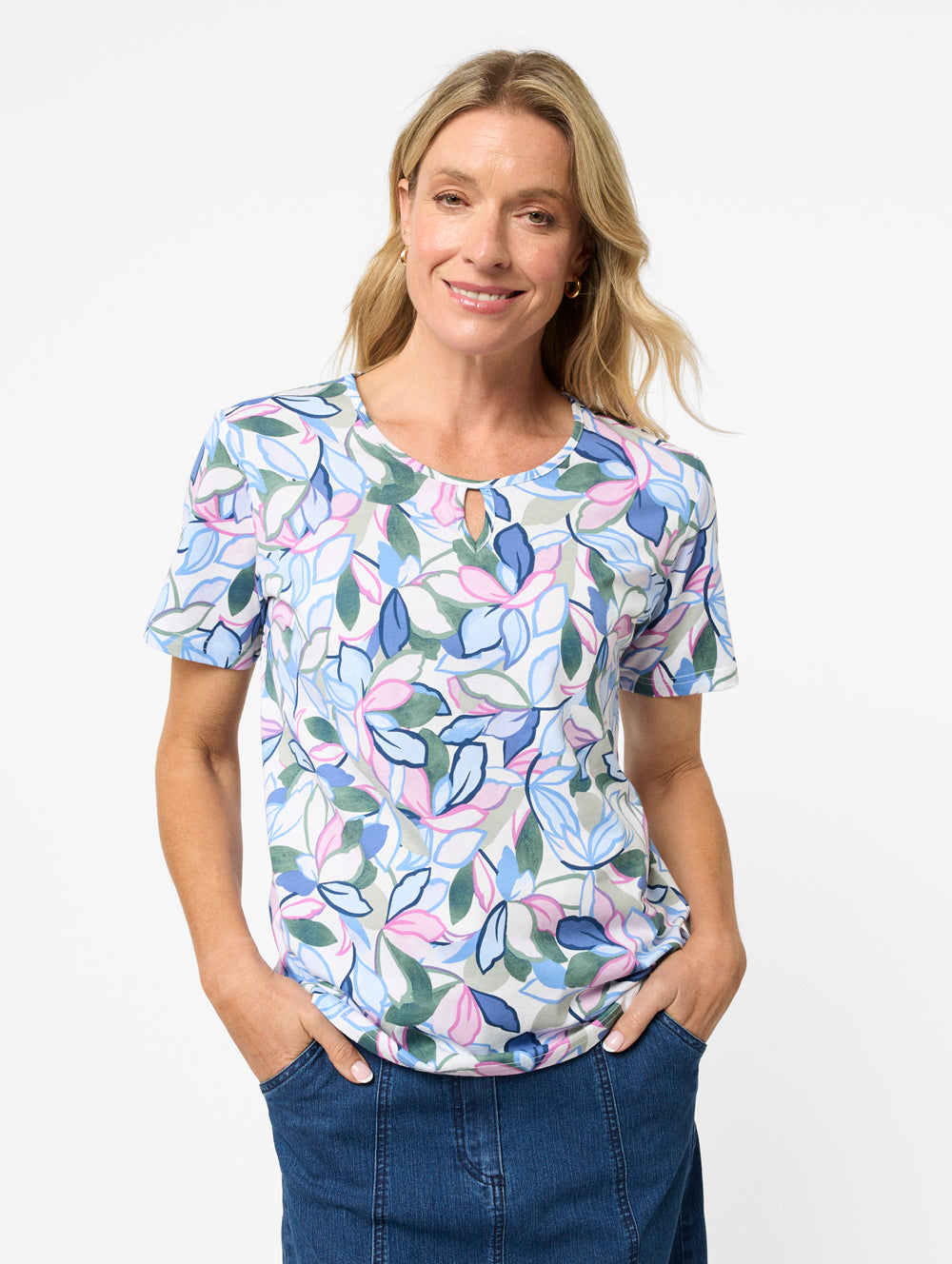 Eleah Top - Women's Floral Print Keyhole Neck Top in Mid Blue - Black ...