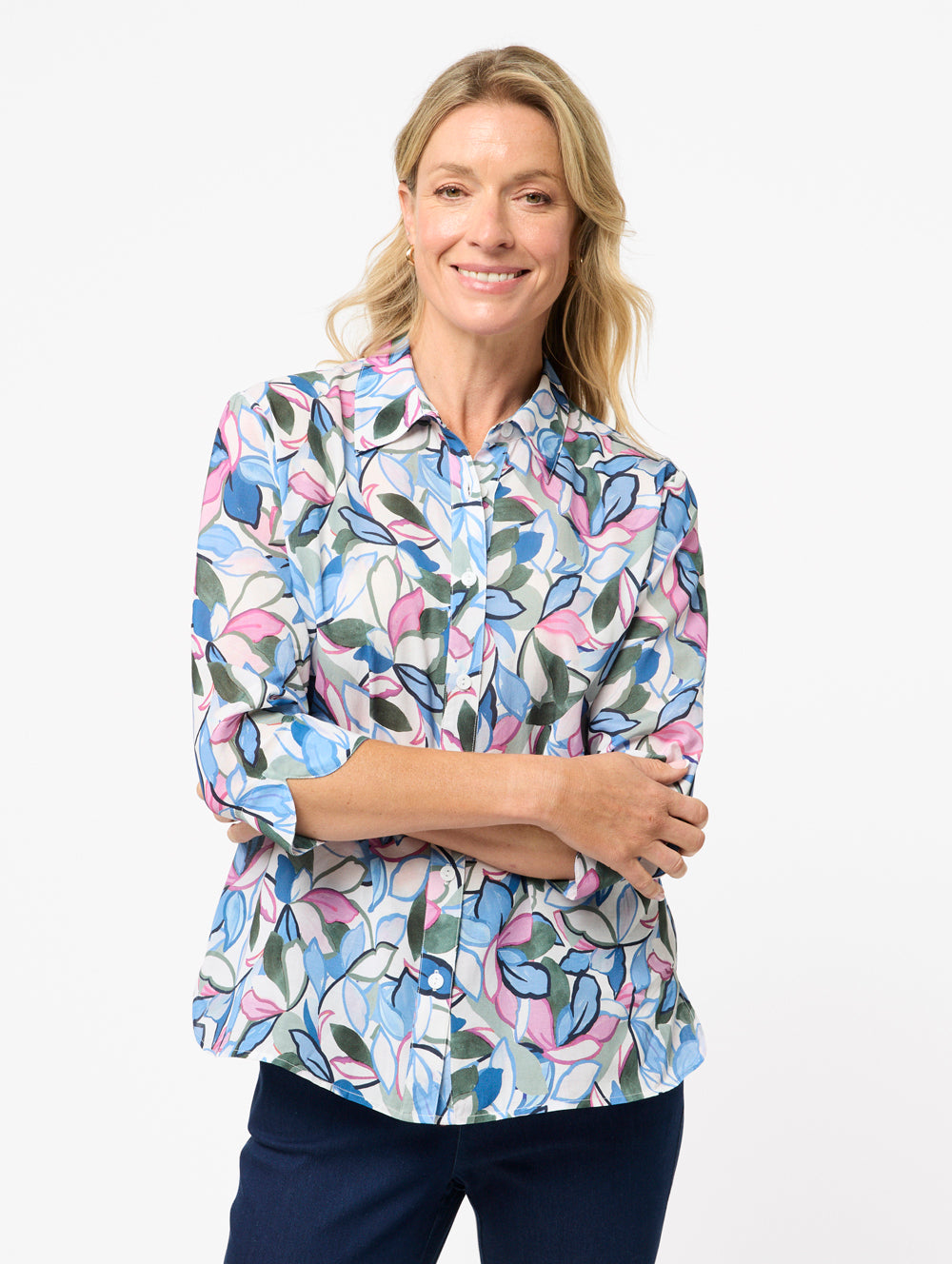 Eleah 3/4 Sleeve Shirt - Women's Floral Button Front Shirt in Light ...