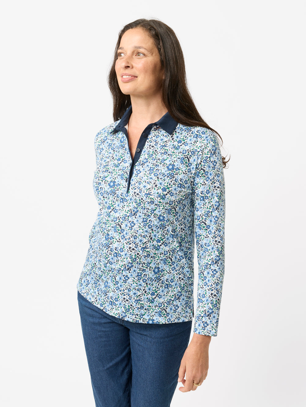 Ashmore Polo - Women's Floral Long Sleeve Polo in Navy - Black Pepper